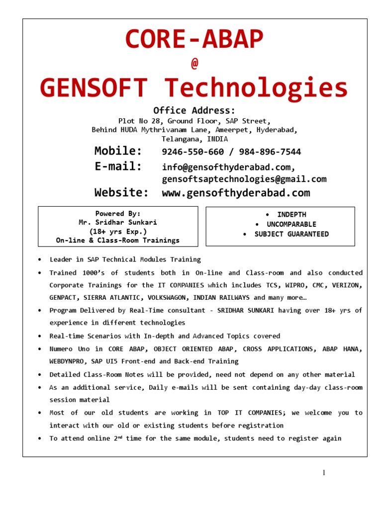 Core-Abap GENSOFT Technologies: Mobile: E-Mail: Website | PDF ...