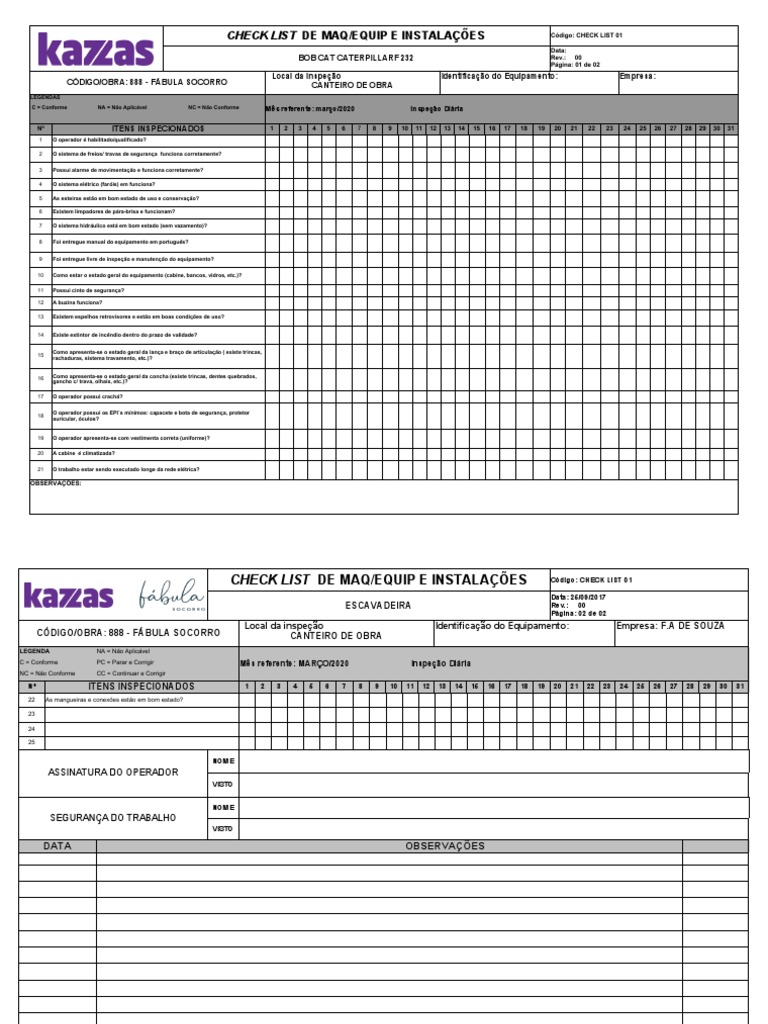 Check List Diário (Mensal) - Escavadeira | PDF