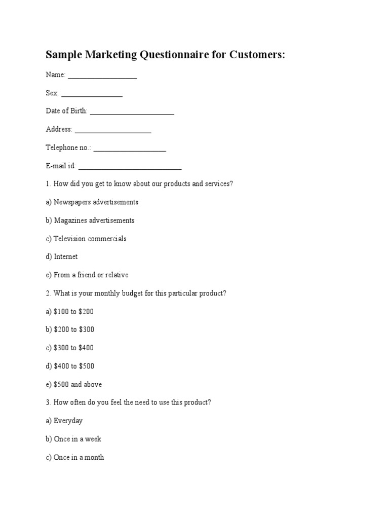 Sample Marketing Questionnaire For Customers | PDF | Business | Marketing