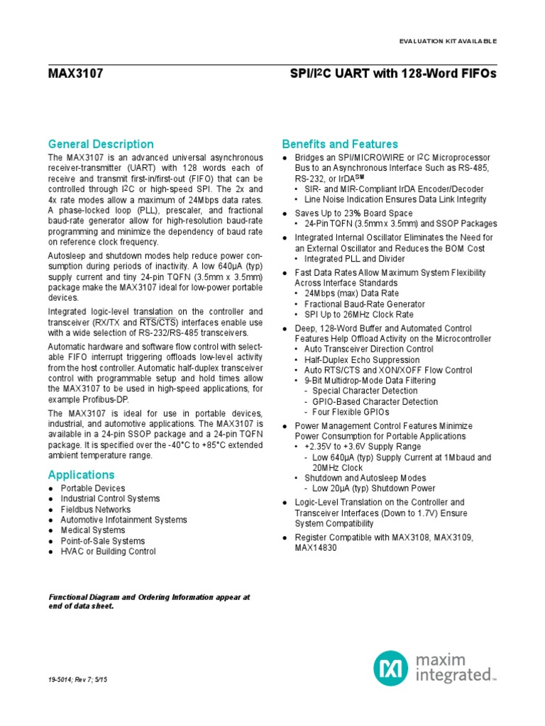 Max3107 Spi/I C Uart With 128-Word Fifos: General Description Benefits ...