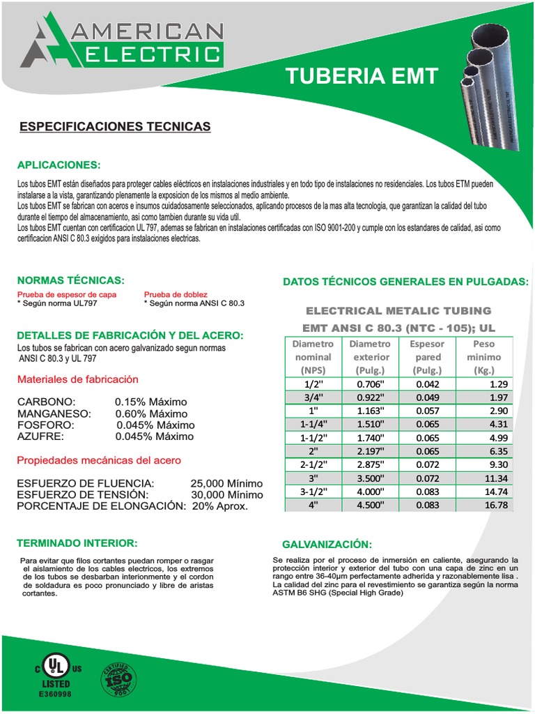 Ficha Tecnica Tuberia EMT | PDF | Acero | Tubería (transporte de fluidos)