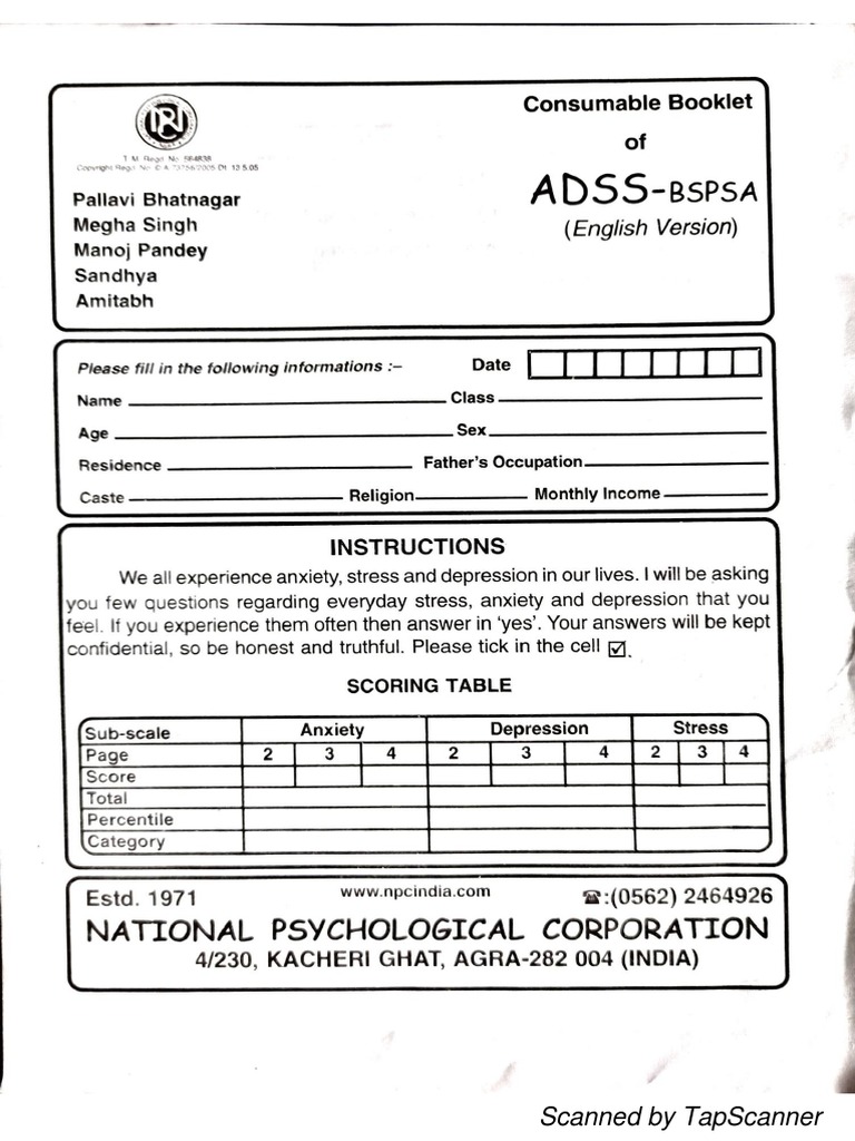 ADSS Questionnaire | PDF