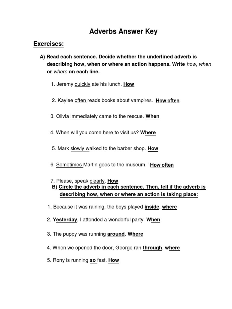 Adverbs Answer Key Explained | PDF | Adverb | Adjective