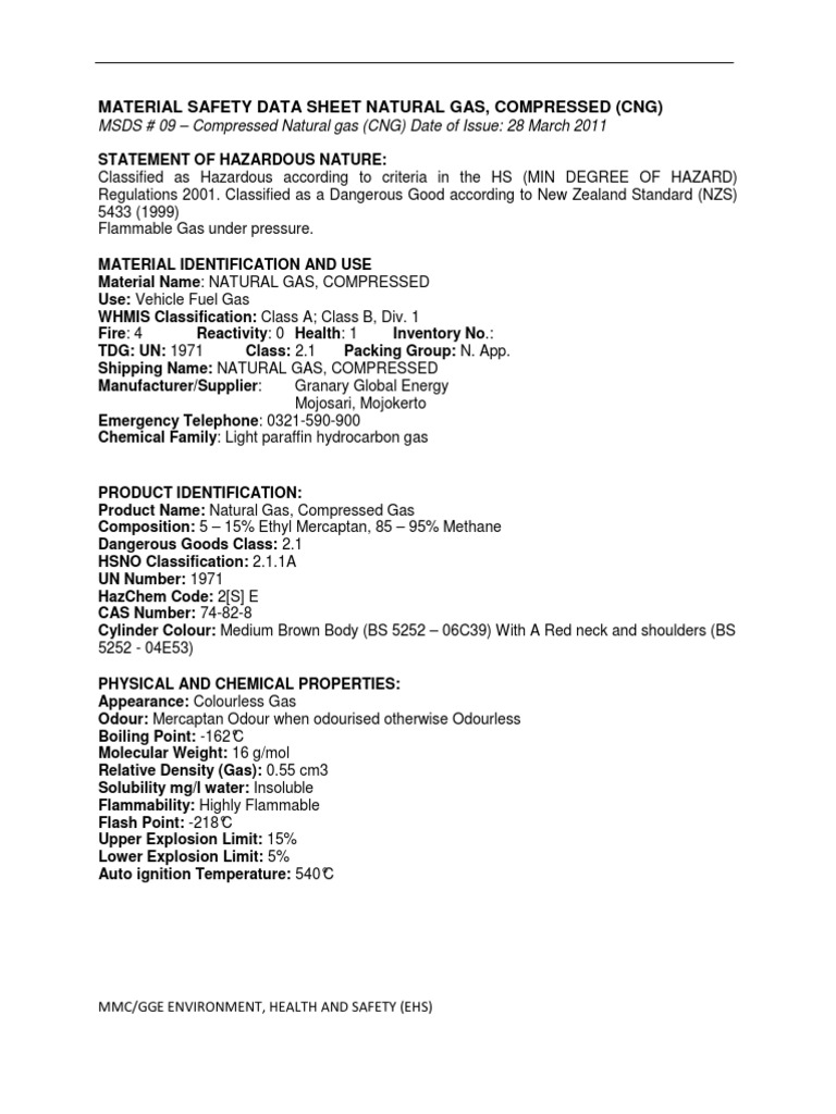 Material Safety Data Sheet Natural Gas, Compressed (CNG) | PDF ...