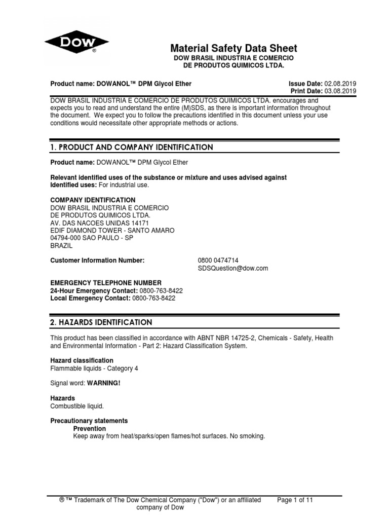 Material Safety Data Sheet: 1. Product and Company Identification | PDF ...