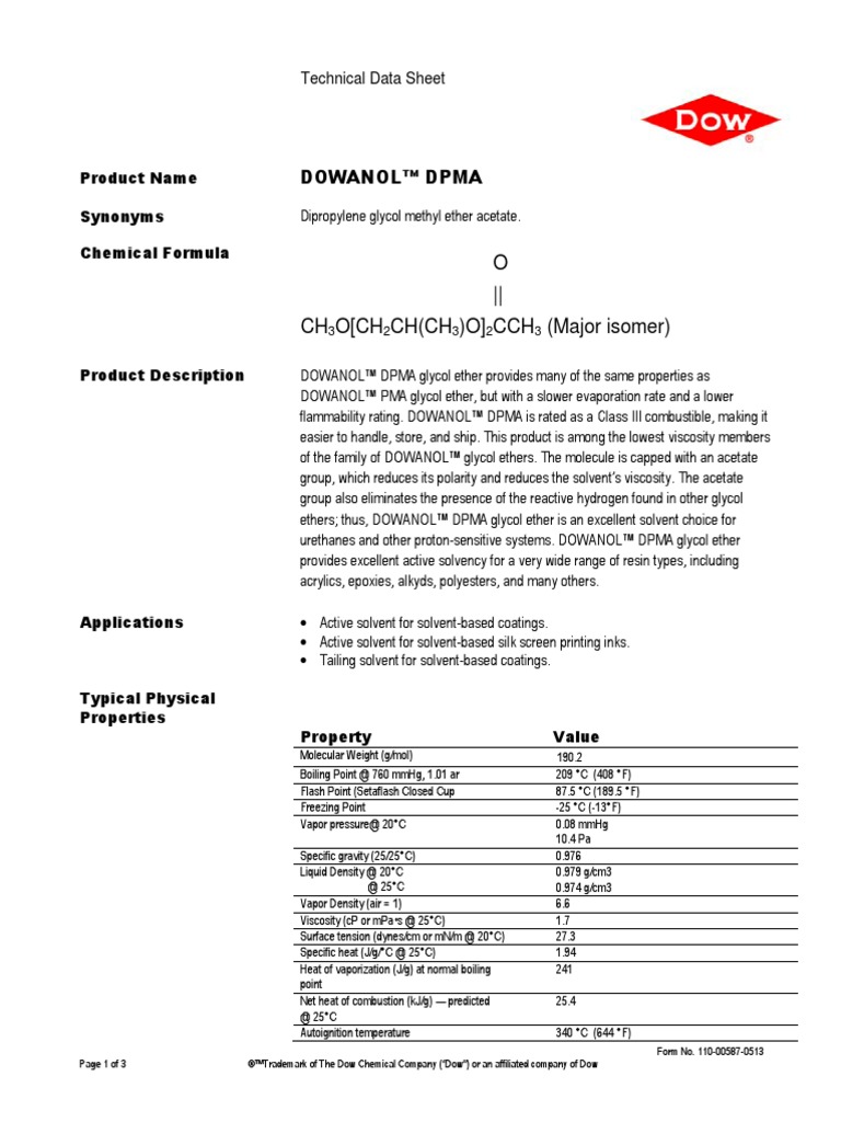 Dowanol Dpma Tds | PDF | Solvent | Ether