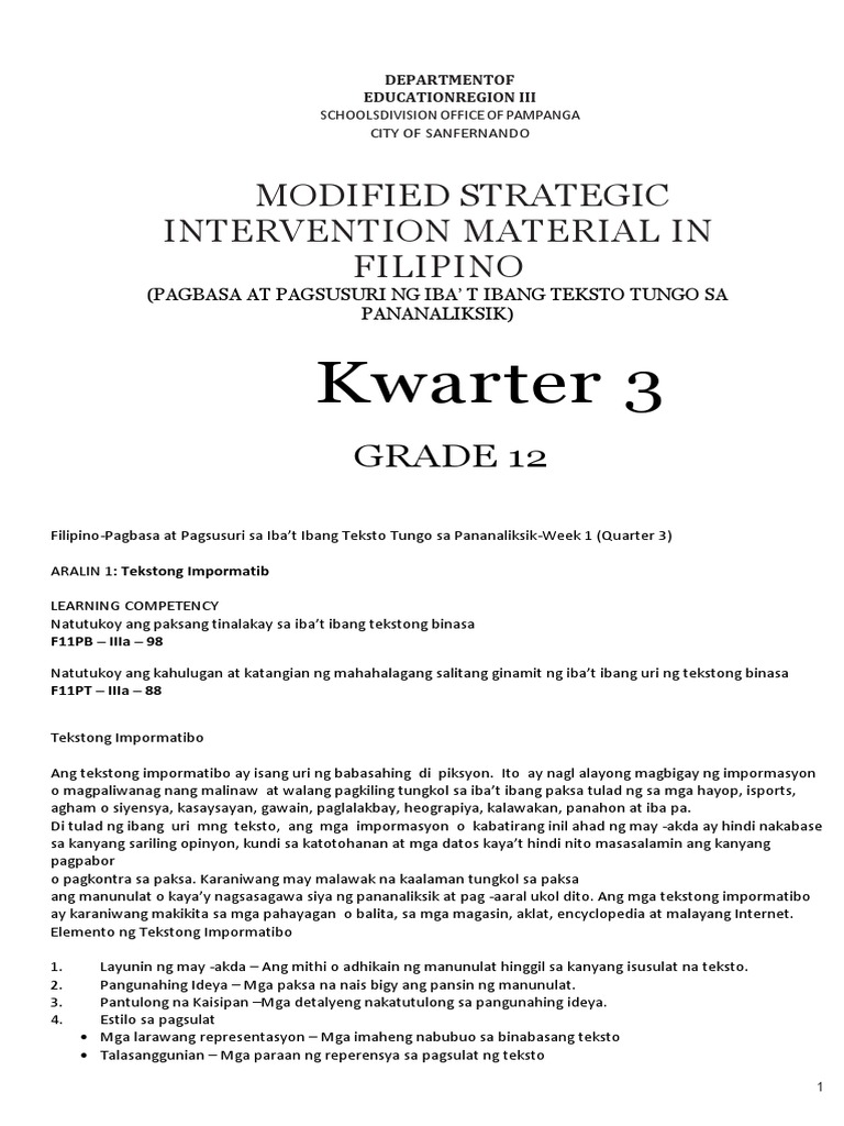 Q3 Fil12 Pagbasa-at-Pagsusuri | PDF