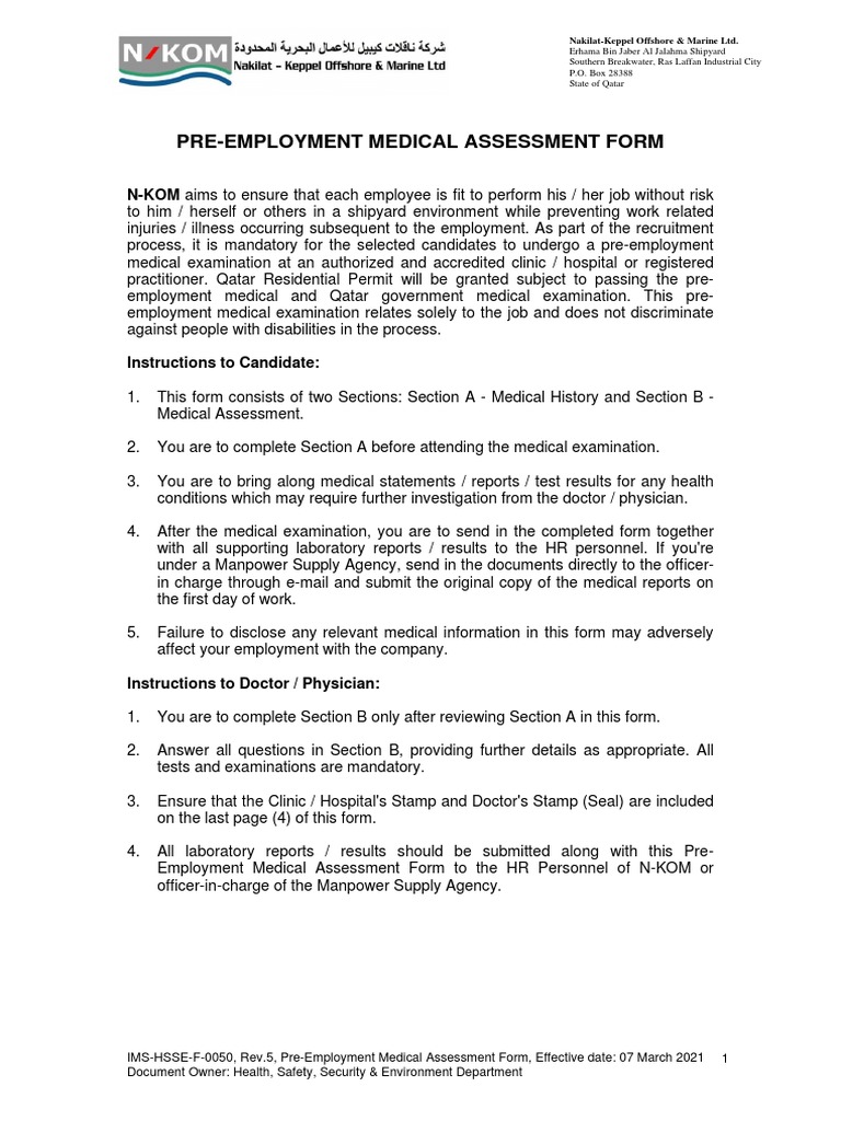 IMS-HSSE-F-0050 Rev 5 Pre-Employment Medical Assessment Form | PDF ...