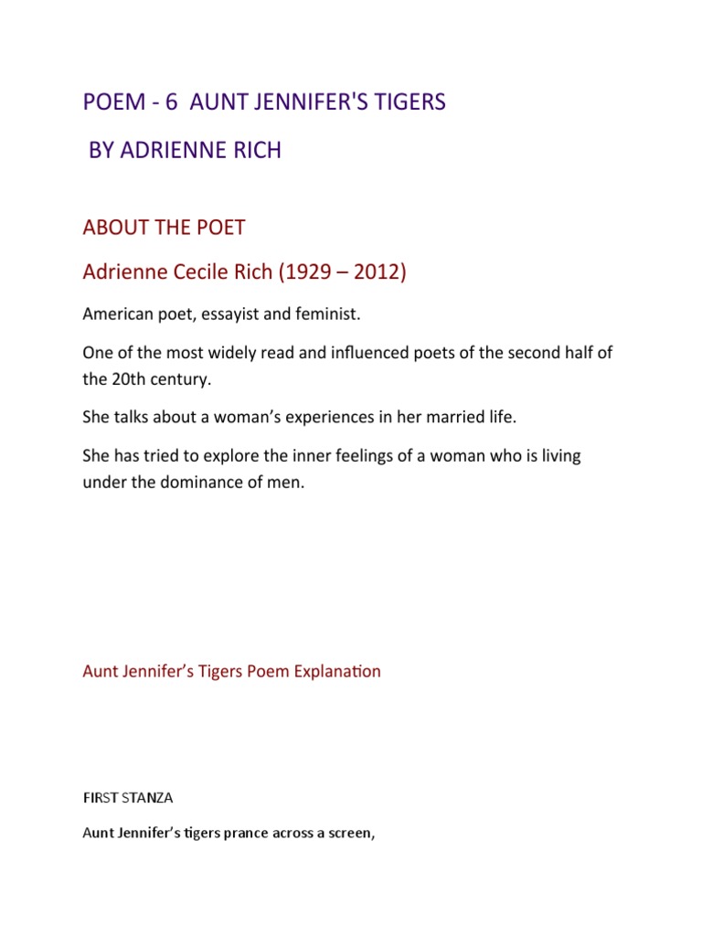 Aunt Jennifer's Tigers: Poem Analysis | PDF
