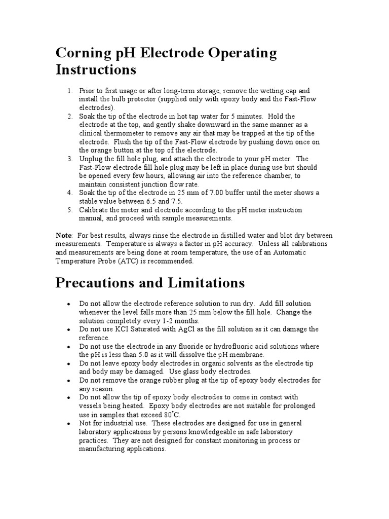 Corning PH Electrode Operating Instructions | PDF | Ph | Physical Sciences