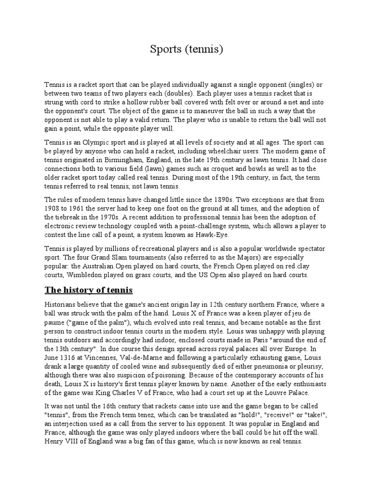 Sports (Tennis) : The History of Tennis | PDF | Individual Sports | Leisure