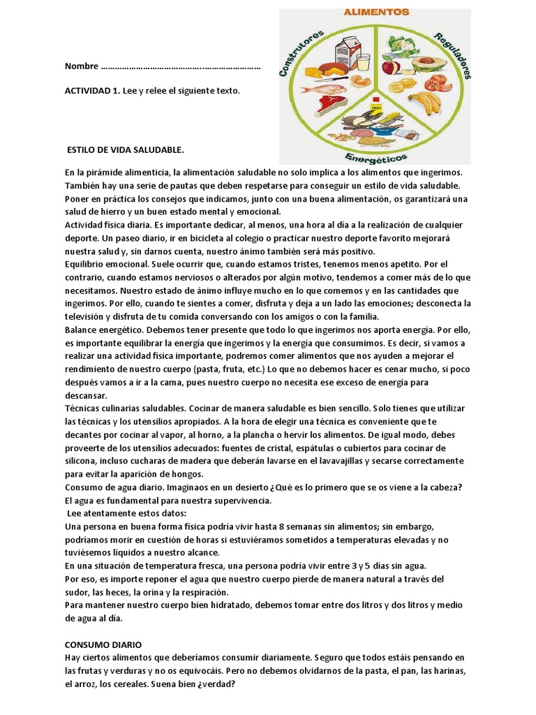 5to.a. ESTILO DE VIDA SALUDABLE. (Lectura Comprensiva | PDF | Vegetales ...