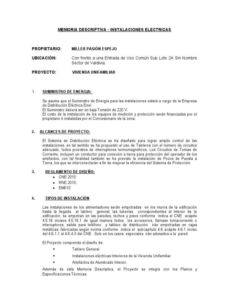 Memoria Descriptiva Instalaciones Electricas | PDF | Ingenieria Eléctrica | Energia electrica