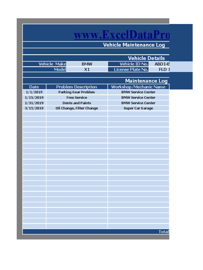 Vehicle Maintenance Log Vehicle Details: Vehicle Make Vehicle ID No ...