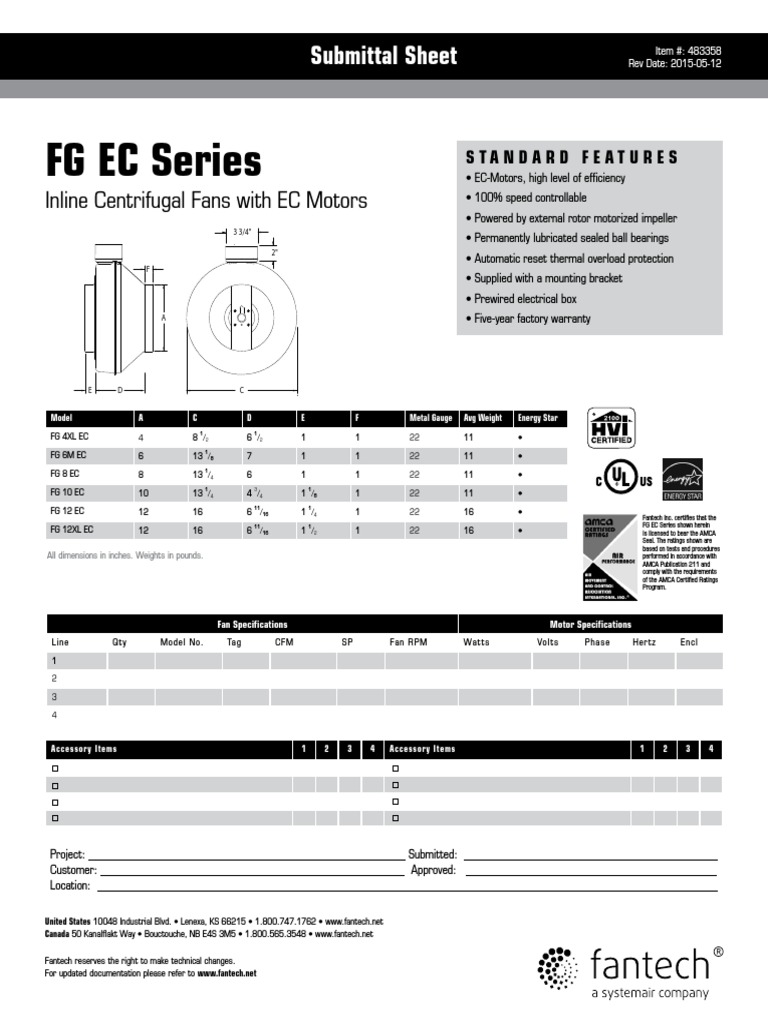 Fantech FG EC Series Fan Specs | PDF | Machines | Electricity