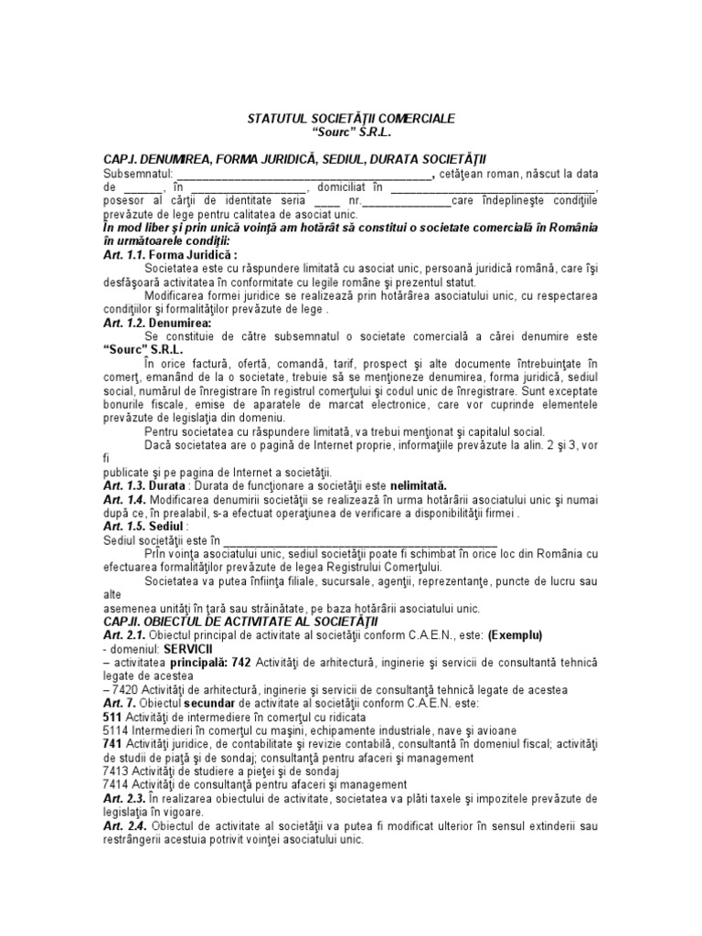 STATUTUL SOCIETATII COMERCIALE - Model | PDF