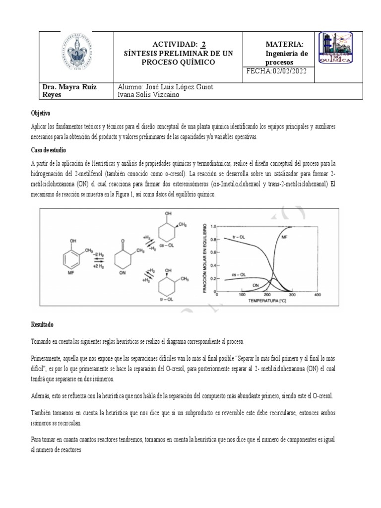 Diseño de Proceso para 2-Metilfenol | PDF | Catálisis | Química