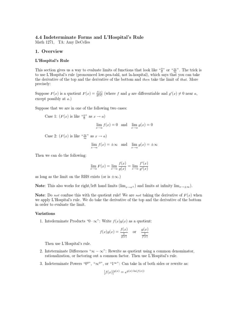 Amy DeCelles-4 4 Lhospitals Rule | PDF | Derivative | Algebra