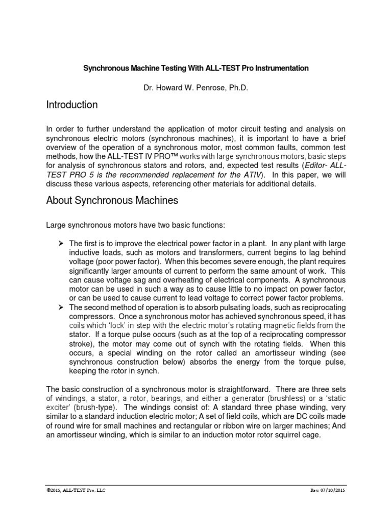 Synchronous Machine Testing With ALL-TEST Instrument | PDF | Electric ...