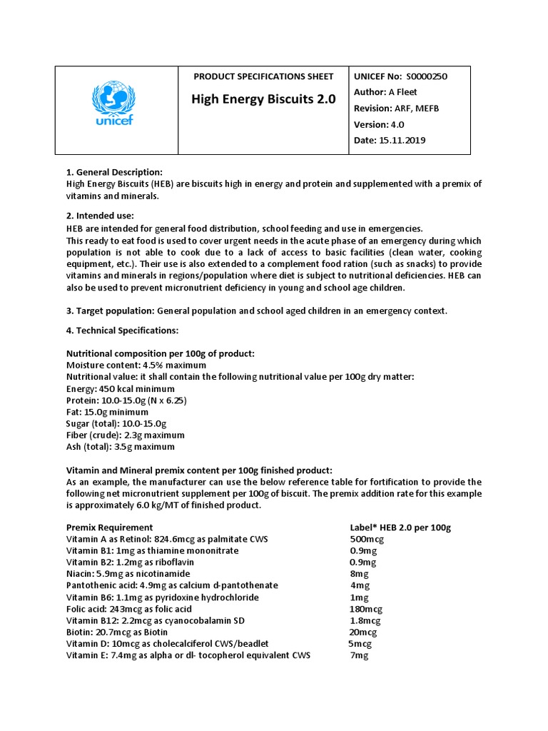 High Energy Biscuit UNICEF PRODUCT SPECIFICATION - 15.11.2019 | PDF ...