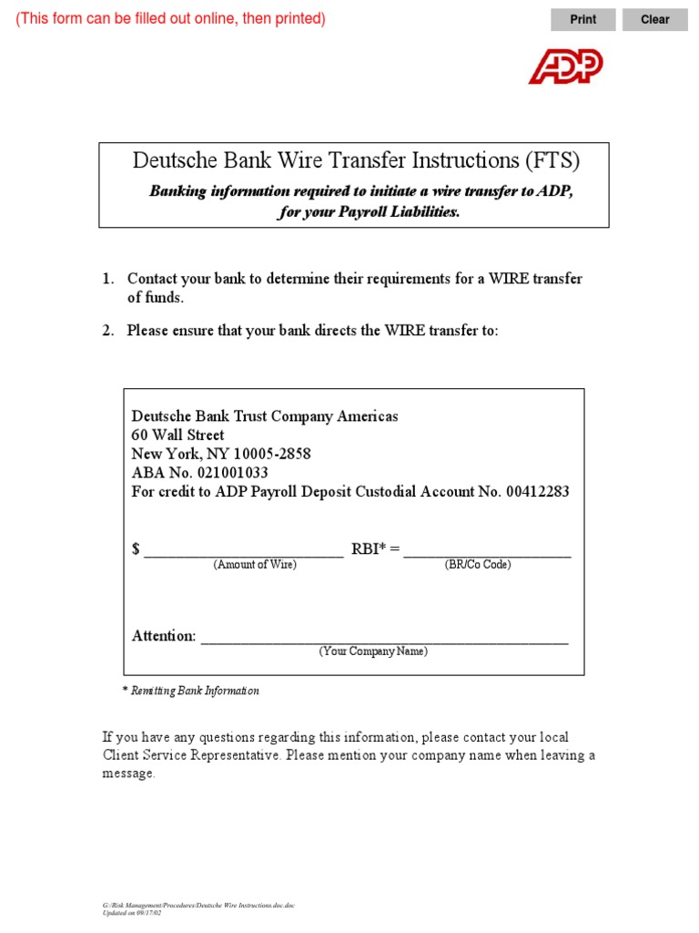 Deutsche Bank Wire Transfer Instructions (FTS) | PDF | Business | Computers