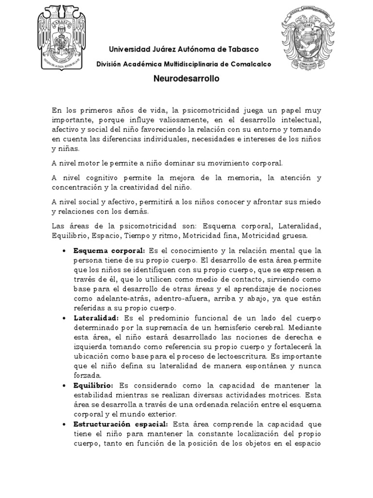 Desarrollo Psicomotor - Áreas de La Psicomotricidad | PDF | Procesos ...