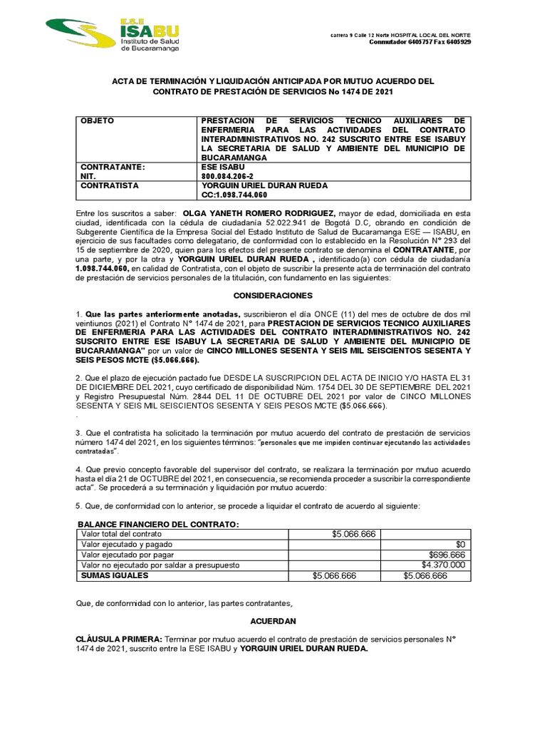 Acta de Terminación y Liquidación Anticipada Por Mutuo Acuerdo Ferney | PDF