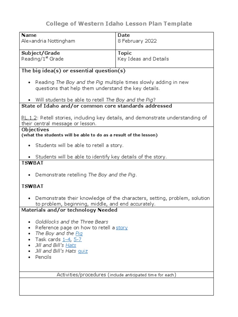 College of Western Idaho Lesson Plan Template: Name Date Subject/Grade ...