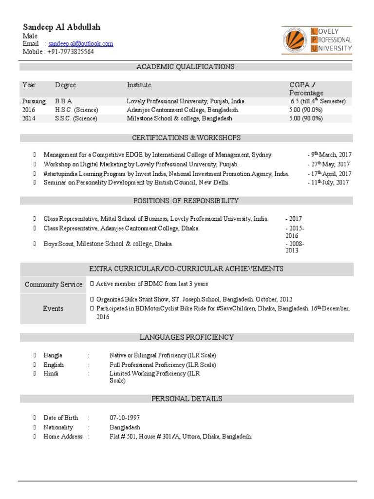 CV of Sandeep From LPU | PDF