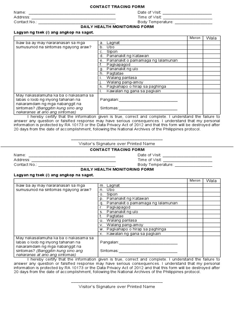 CONTACT TRACING FORM - Visitors | PDF