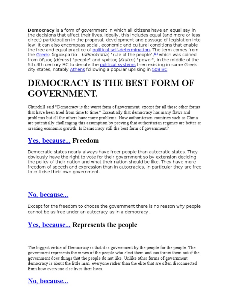 Democracy Is A Form of Government in Which All Citizens Have An Equal ...