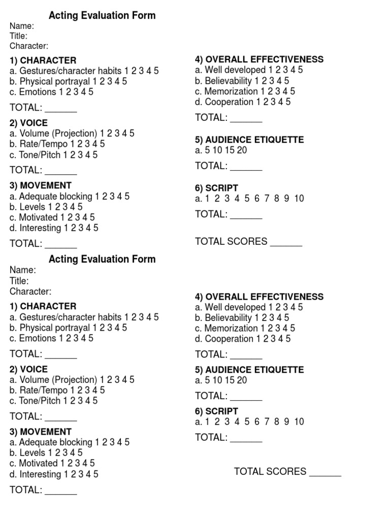 Acting Evaluation Form: TOTAL: - TOTAL | PDF