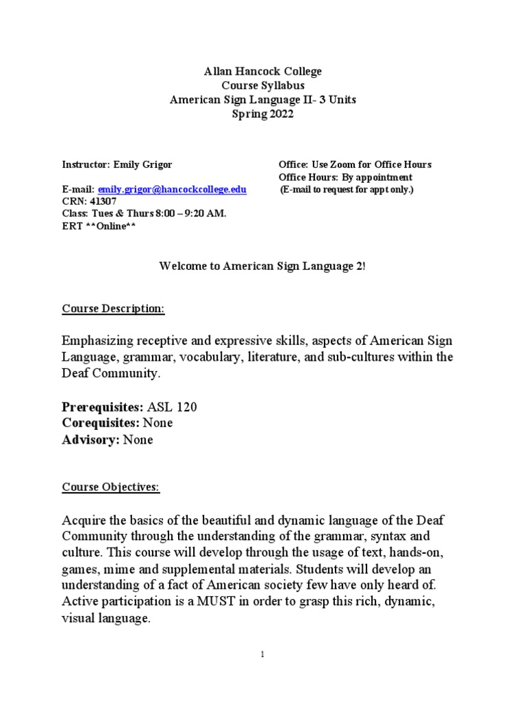 Asl 121 Syllabus Spring 2022 | PDF | American Sign Language | Test ...