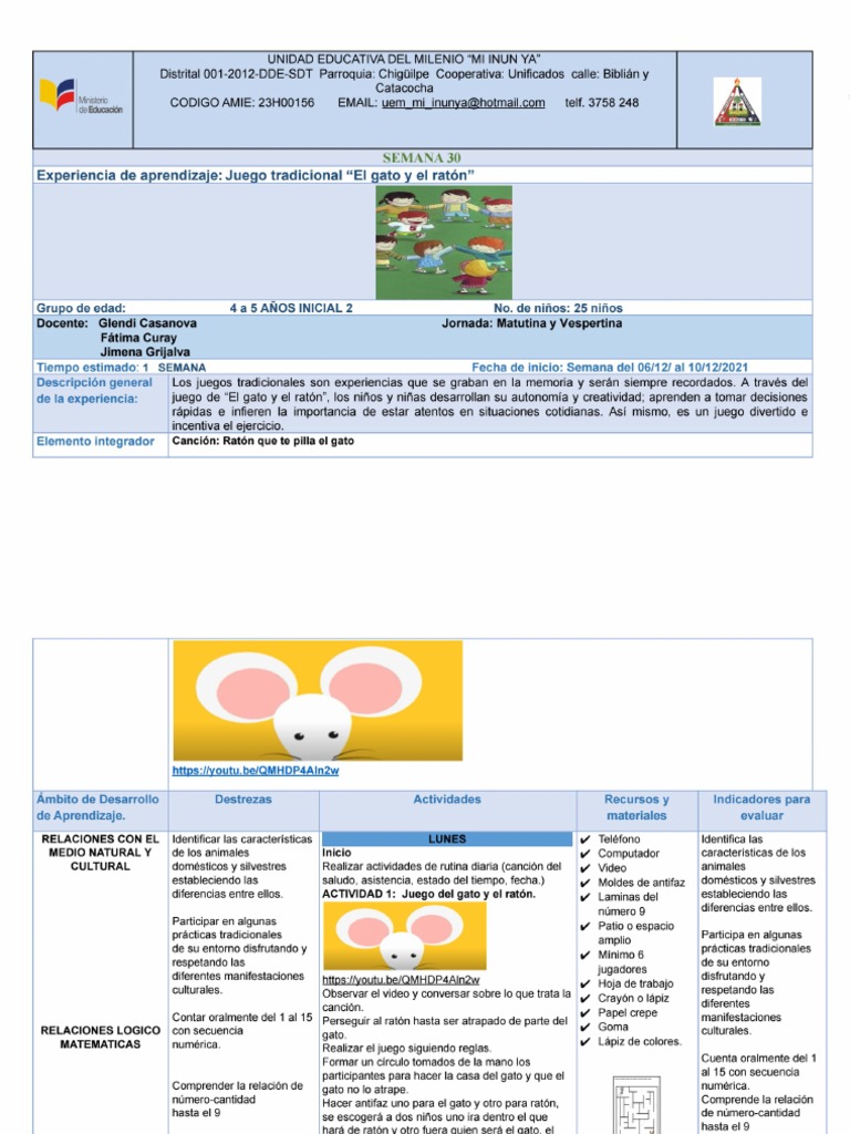 INICIAL 2 PLANIFICACION SEMANA 30 Juego El Gato y El Ratón | PDF