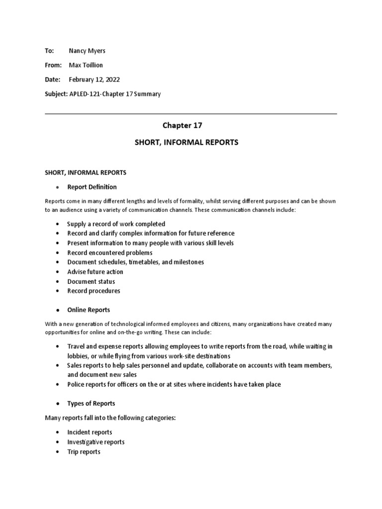Chapter 17 Short Informal Reports | PDF | Feasibility Study | Laboratories