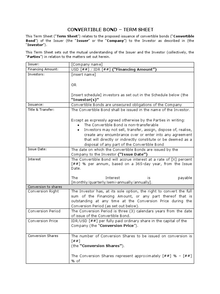 Convertible Bond - Term Sheet | PDF | Bonds (Finance) | Convertible Bond