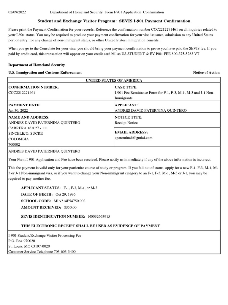 Department of Homeland Security - Form I-901 Application - Confirmation ...