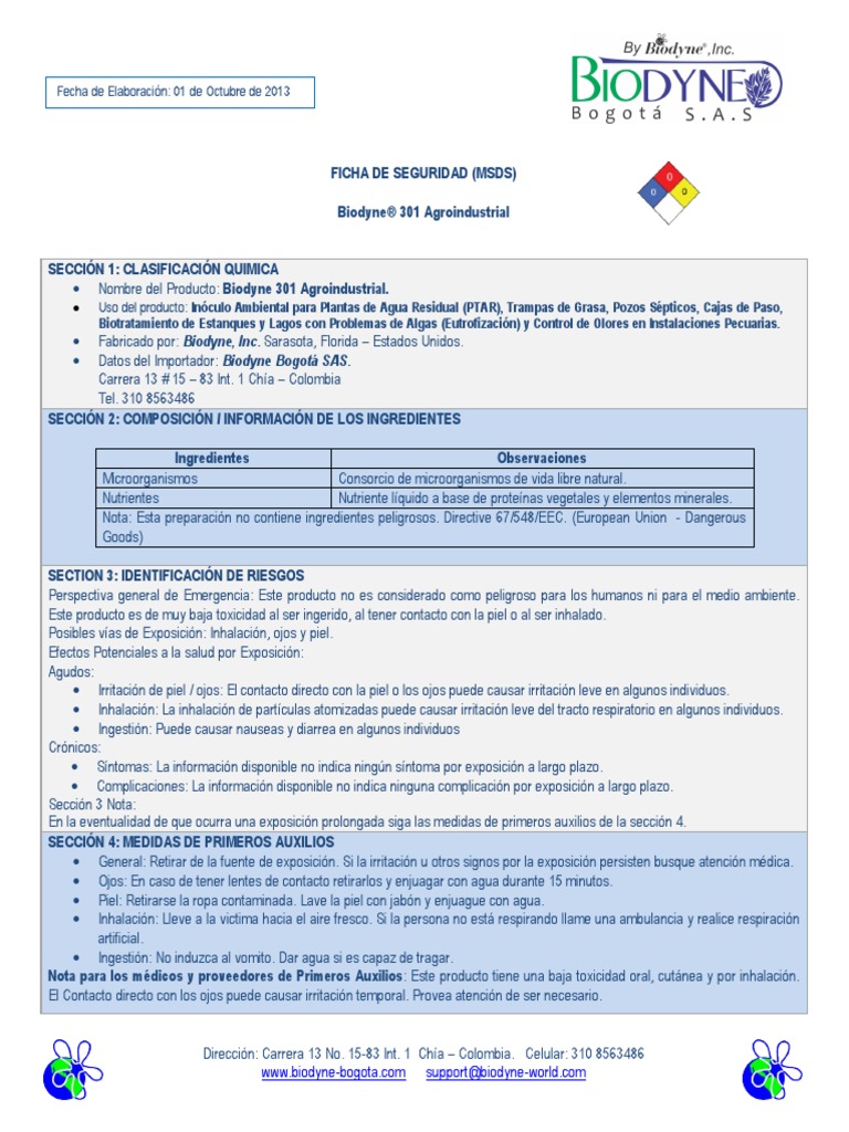 MSDS Biodyne - 301 - Agroindustrial | PDF | Residuos | Agua