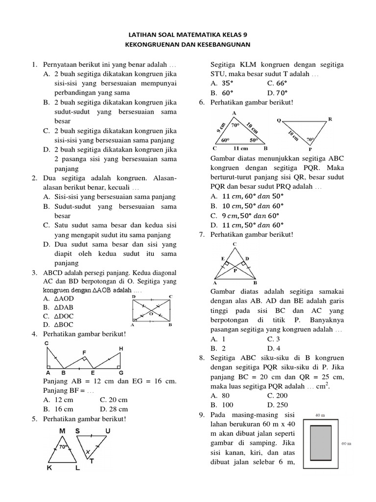 Latihan Soal Matematika Kelas 9 Kekongruenan Dan Kesebangunan | PDF