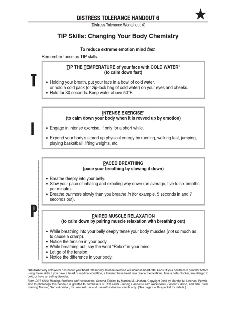 Distress Tolerance Handout 6 Tip Skills: Changing Your Body Chemistry ...