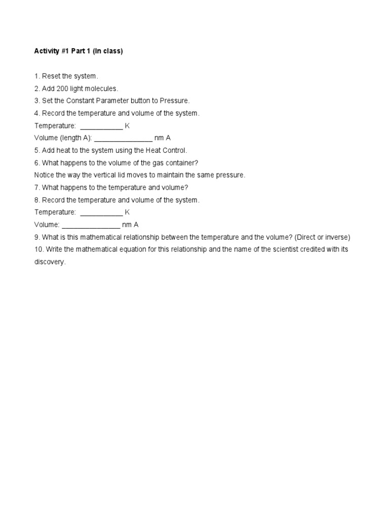 Topic 1 - Gas Laws Simulation Activity | PDF | Gases | Temperature