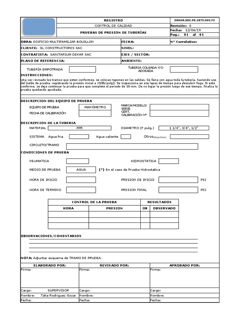 Protocolo de Prueba de Presión en Tuberías de Agua | PDF | Presión | Ingeniería Química