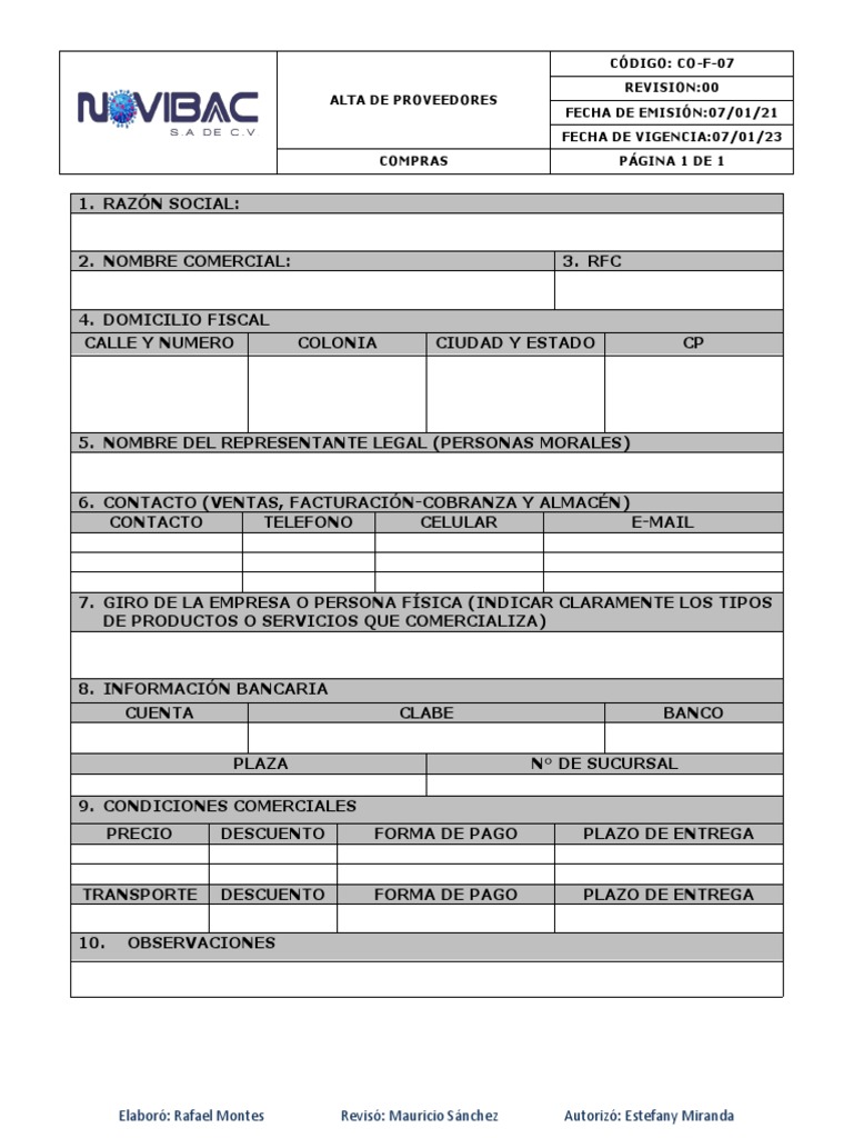 CO-F-07 Formato de Alta de Proveedores | PDF