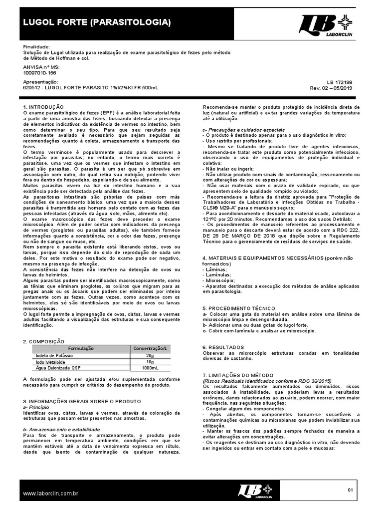 Lugol Forte Parasitologia | PDF | Infecção | Especialidades médicas