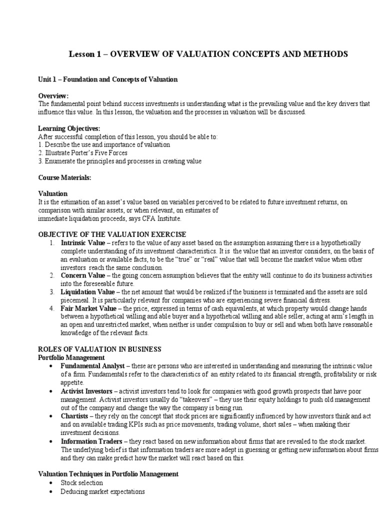 Lesson 1 - OVERVIEW OF VALUATION CONCEPTS AND METHODS | PDF | Valuation ...