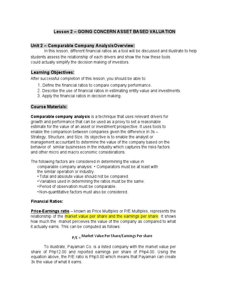 Lesson 2 - GOING CONCERN ASSET BASED VALUATION - Unit 2 - Comparable ...