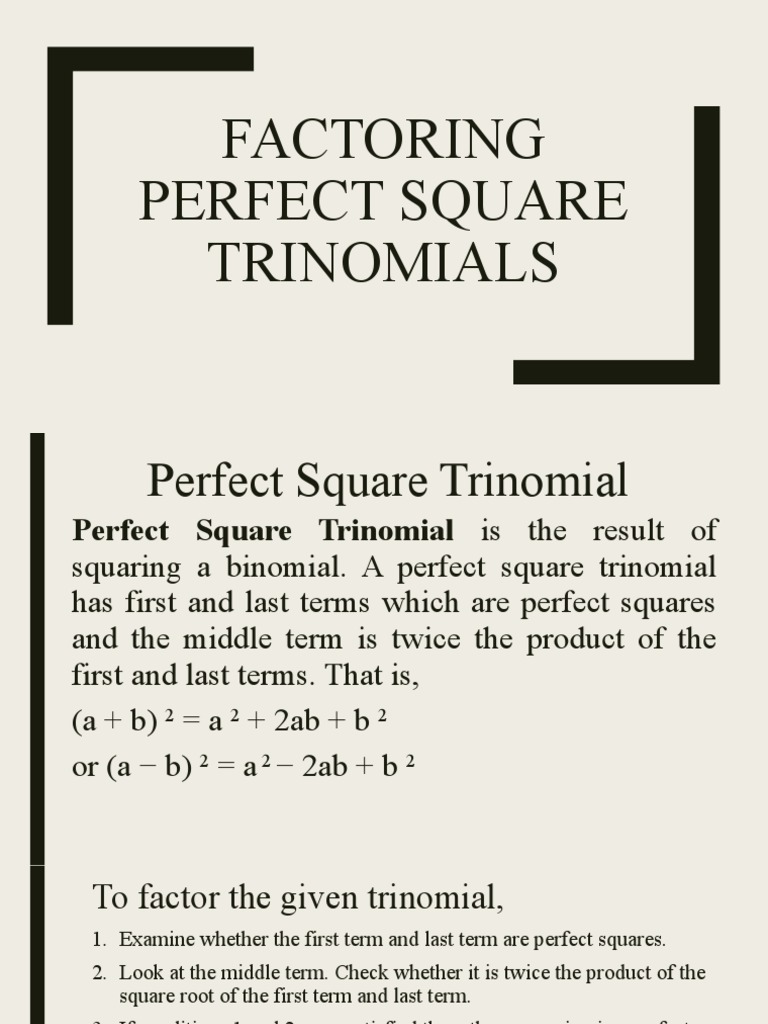 FACTORING PERFECT SQUARE TRINOMIALS | PDF | Numbers | Quadratic Equation