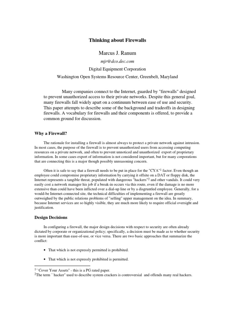 Thinking About Firewalls: Marcus J. Ranum | PDF | Router (Computing) | Firewall (Computing)