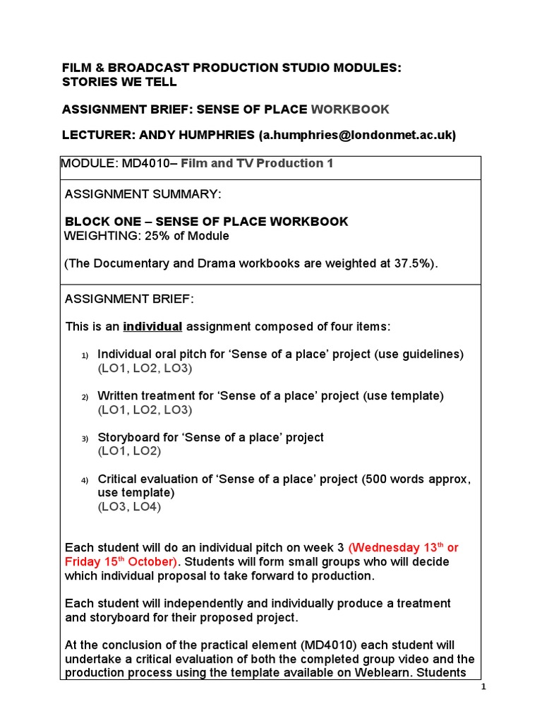 MD4010 Sense of Place Workbook Brief | PDF | Communication | Learning