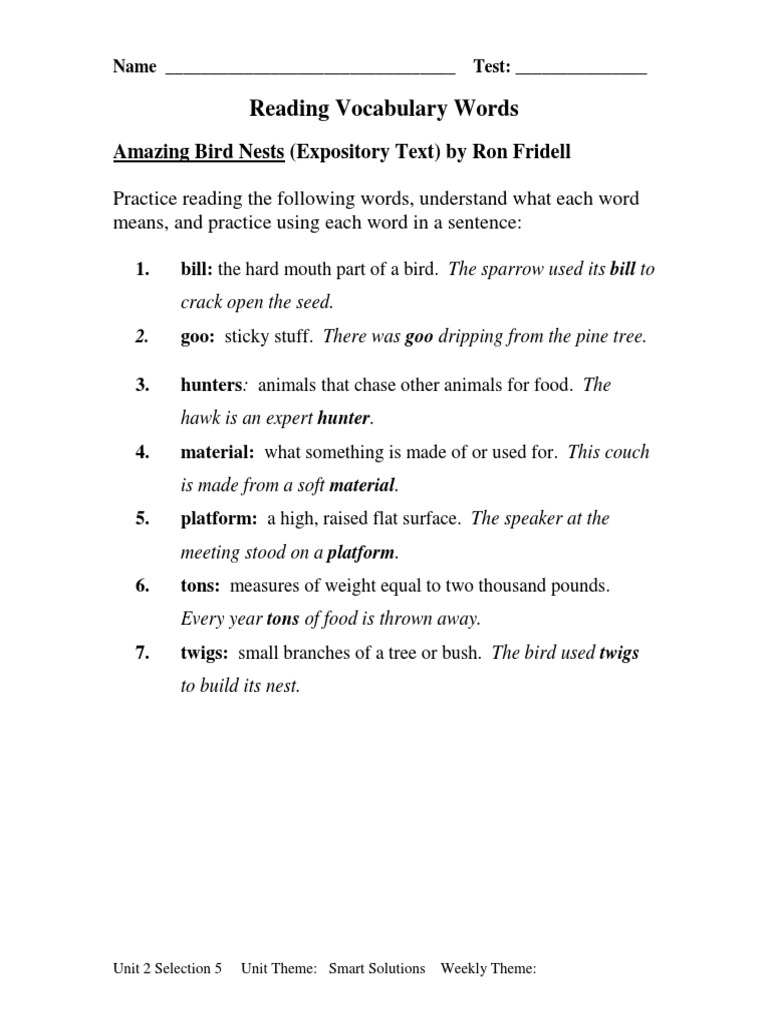 Reading Vocabulary Words: Amazing Bird Nests (Expository Text) by Ron ...